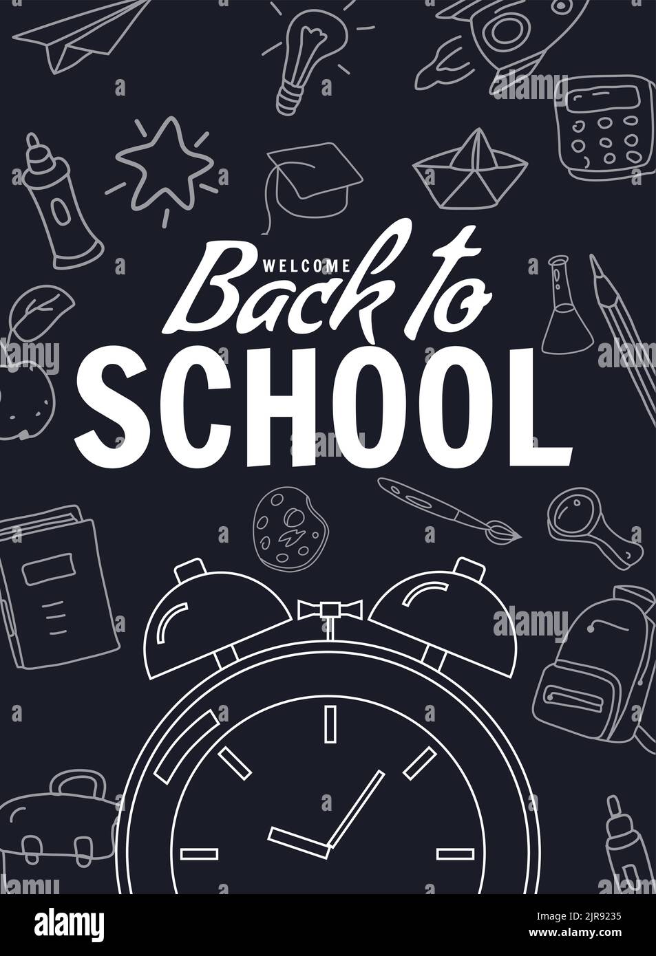 Back to school poster clock alarm clock, retro. Background blackboard ...