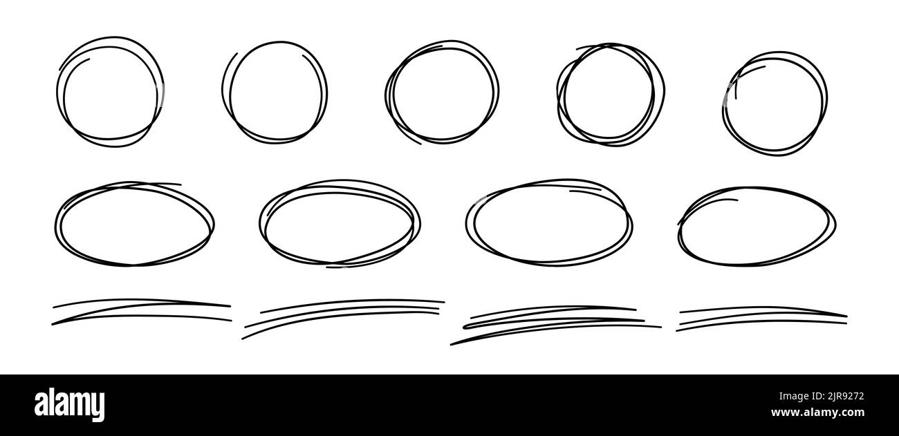 Hand drawn scribble lines, circles and ovals. Doodle sketch underlines ...
