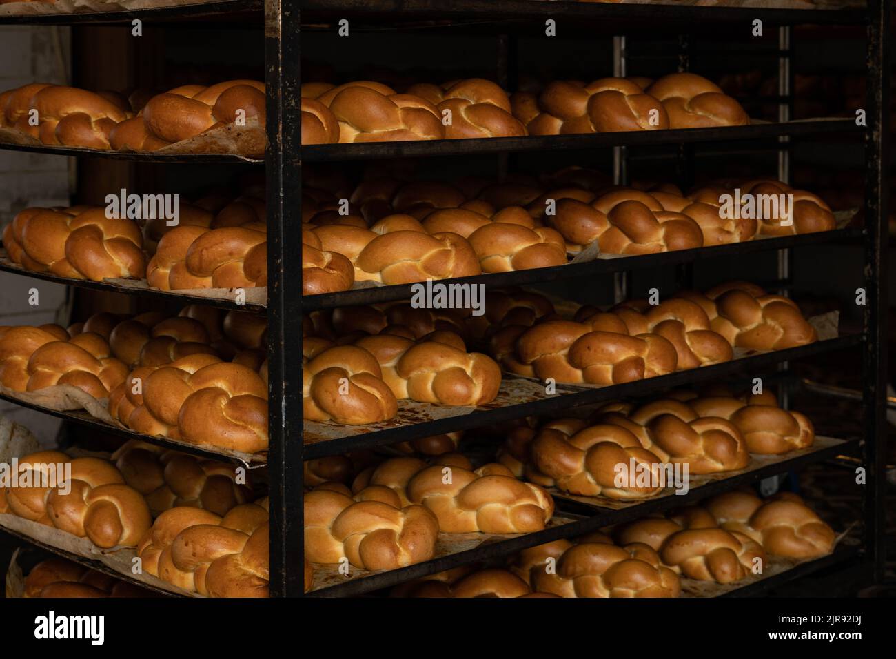 Jewish Challah bread for shabbat, on a rack trolley in a bakery Stock ...