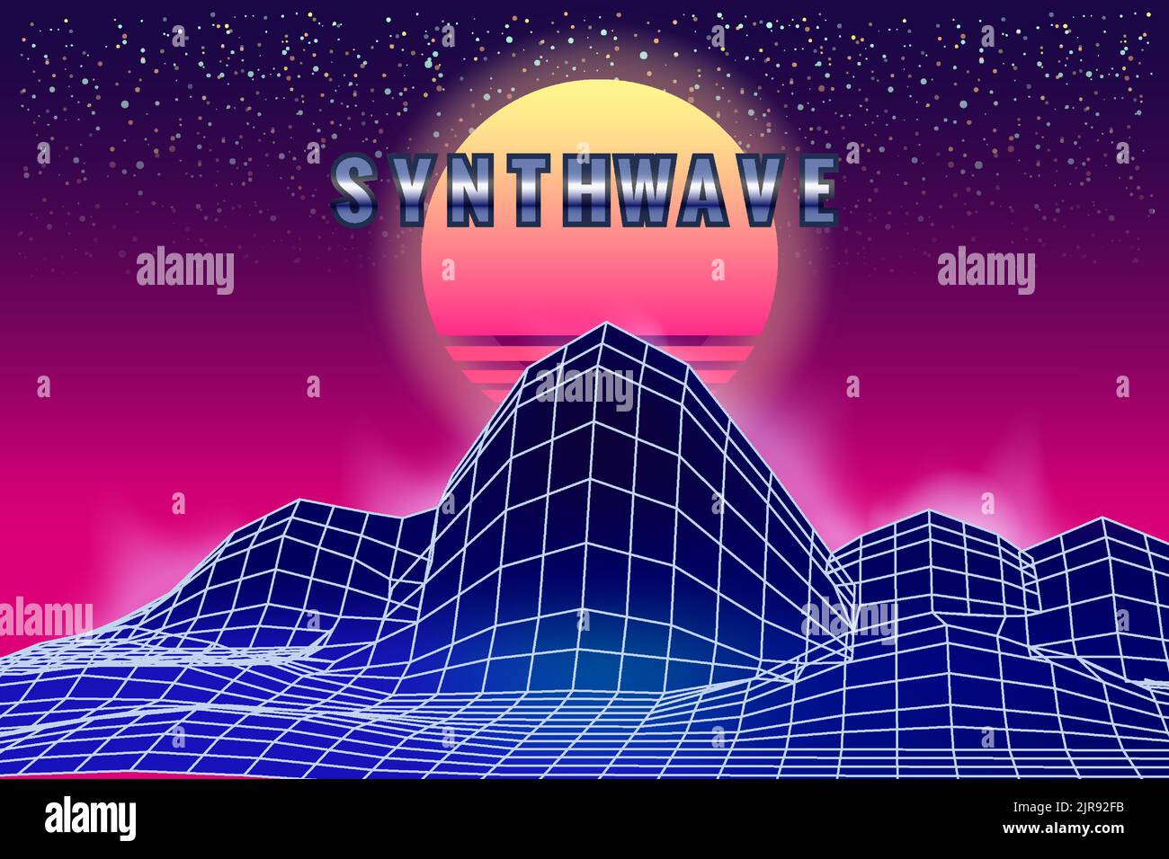 Synthwave retro banner vaporwave aesthetic background. Mountains landscape grid 3d, sunset 80's ...
