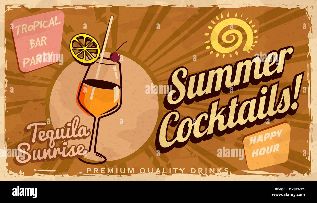 Summer Tequila Sunrise Cocktail Retro banner. Cocktail lounge vintage ...