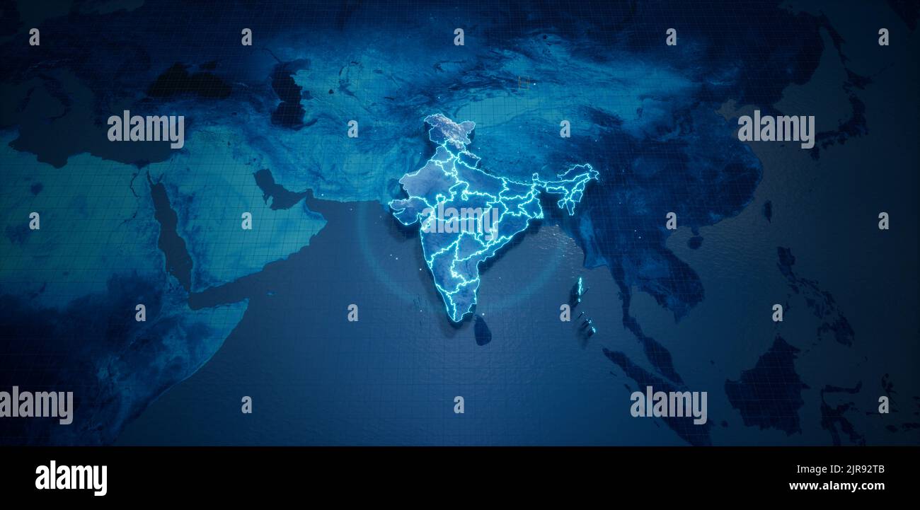 Abstract geometric futuristic concept 3d Map of India with borders as scribble, blue neon style ...