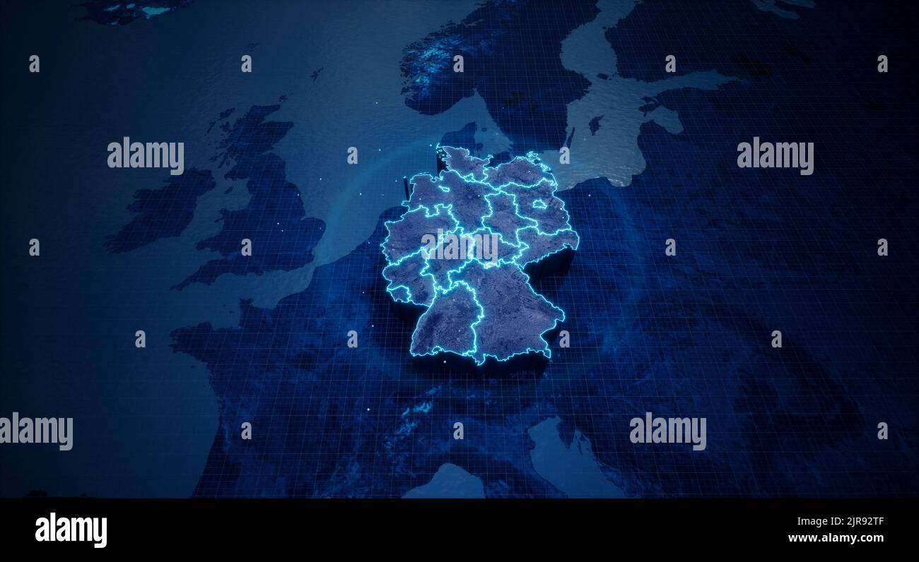 Abstract geometric futuristic concept 3d Map of Germany with borders as scribble, blue neon ...