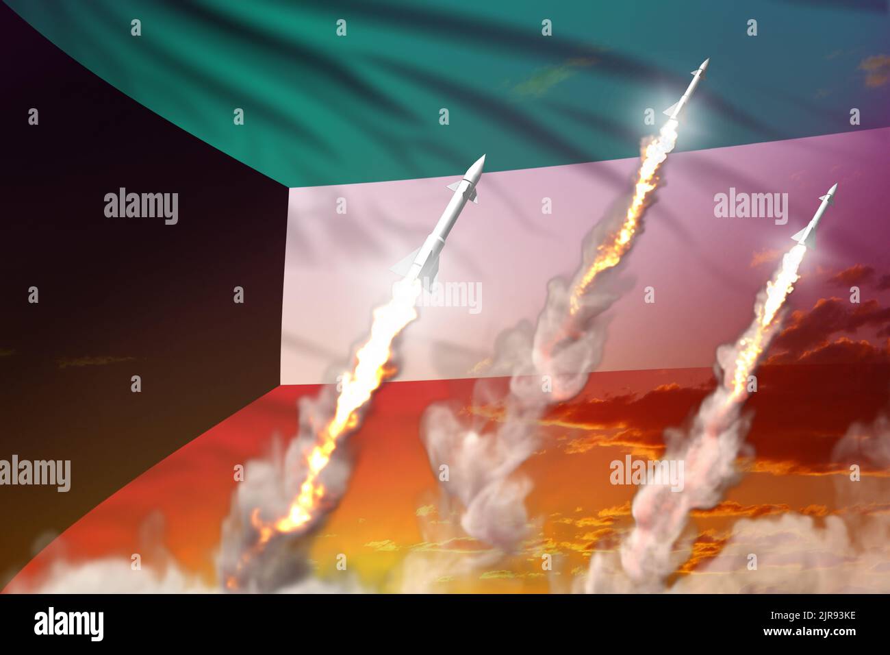 Modern strategic rocket forces concept on sunset background, Kuwait ...