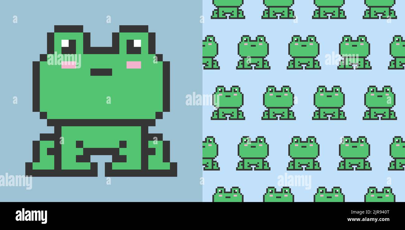 8 bit cute green frog. Seamless pattern. Design animal character pixel ...
