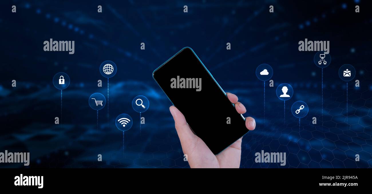 Hand man using phone and touching on virtual screen contact icons ...