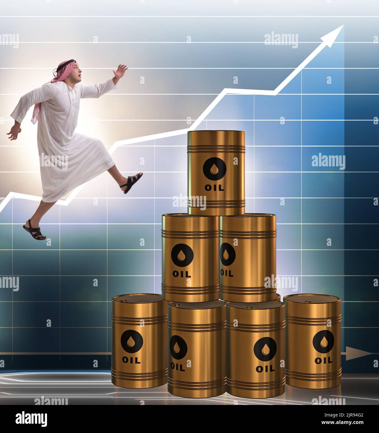 The arab businessman jumping from oil barrels Stock Photo - Alamy