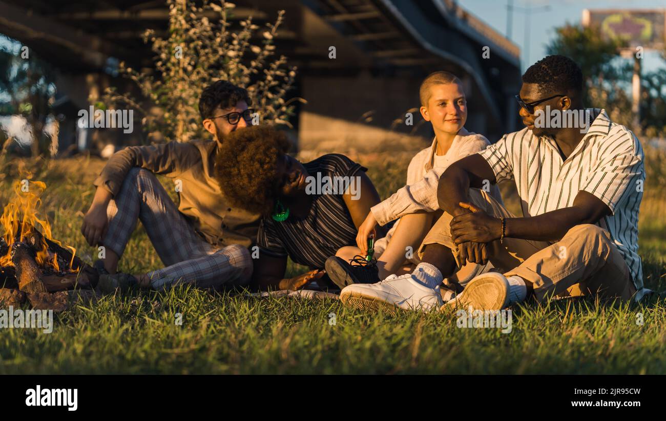 Multi-ethnic group of good friends chilling on the blanket on the grass ...