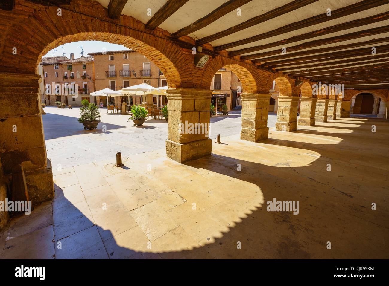 View of an arcade in Los Arcos, Navarre, Spain main stop in the Camino ...