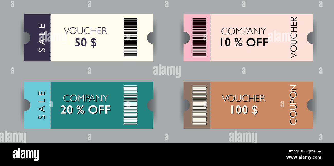 Classic paper tickets, coupons and vouchers with discount offers ...