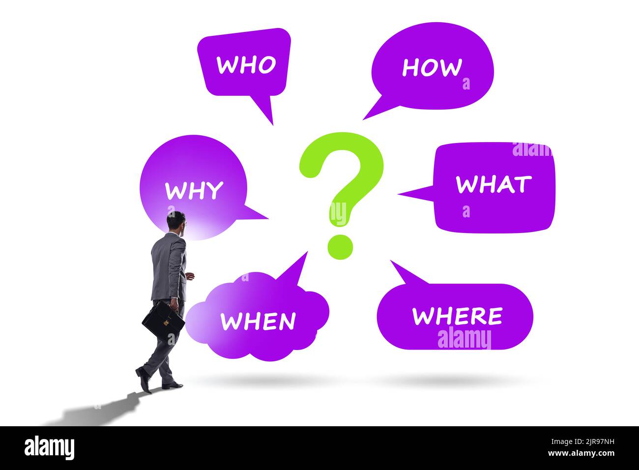 Concept of many questions with the businessman Stock Photo - Alamy