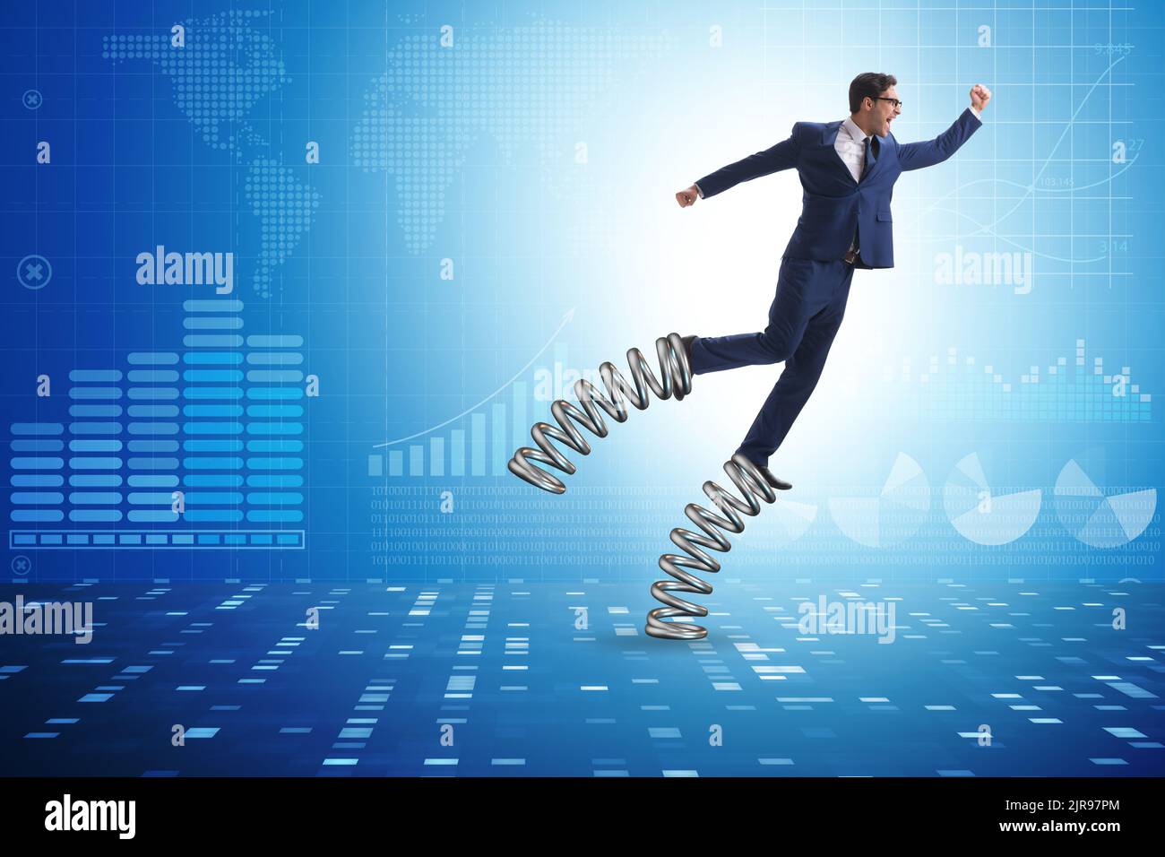 Businessman jumping high on the springs Stock Photo - Alamy