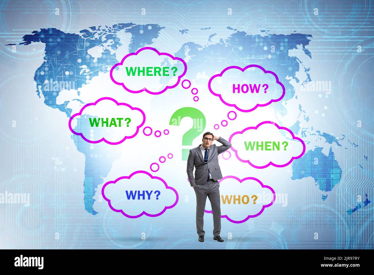 Concept of many questions with the businessman Stock Photo - Alamy