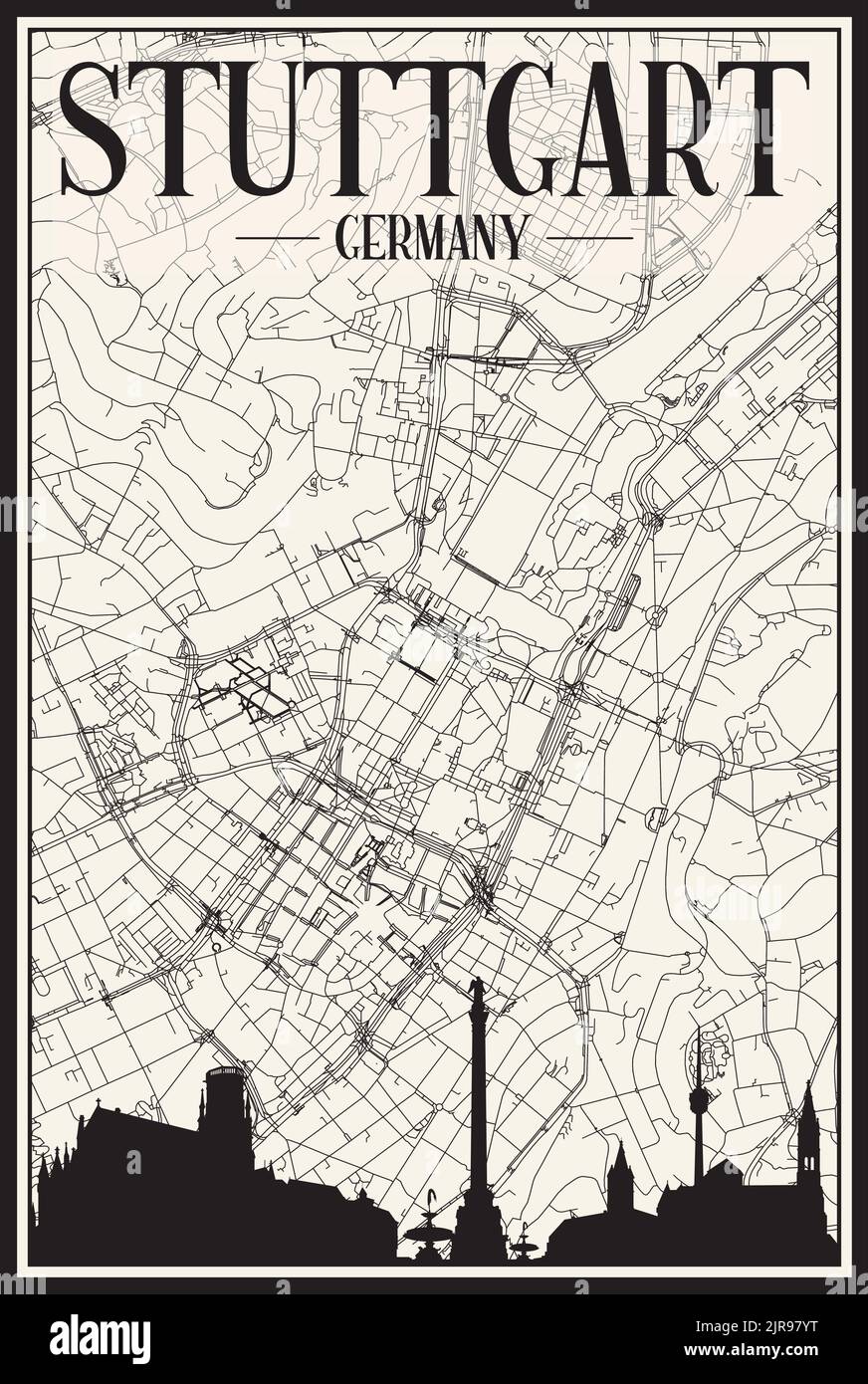 Hand-drawn panoramic city skyline poster with downtown streets network of STUTTGART, GERMANY ...