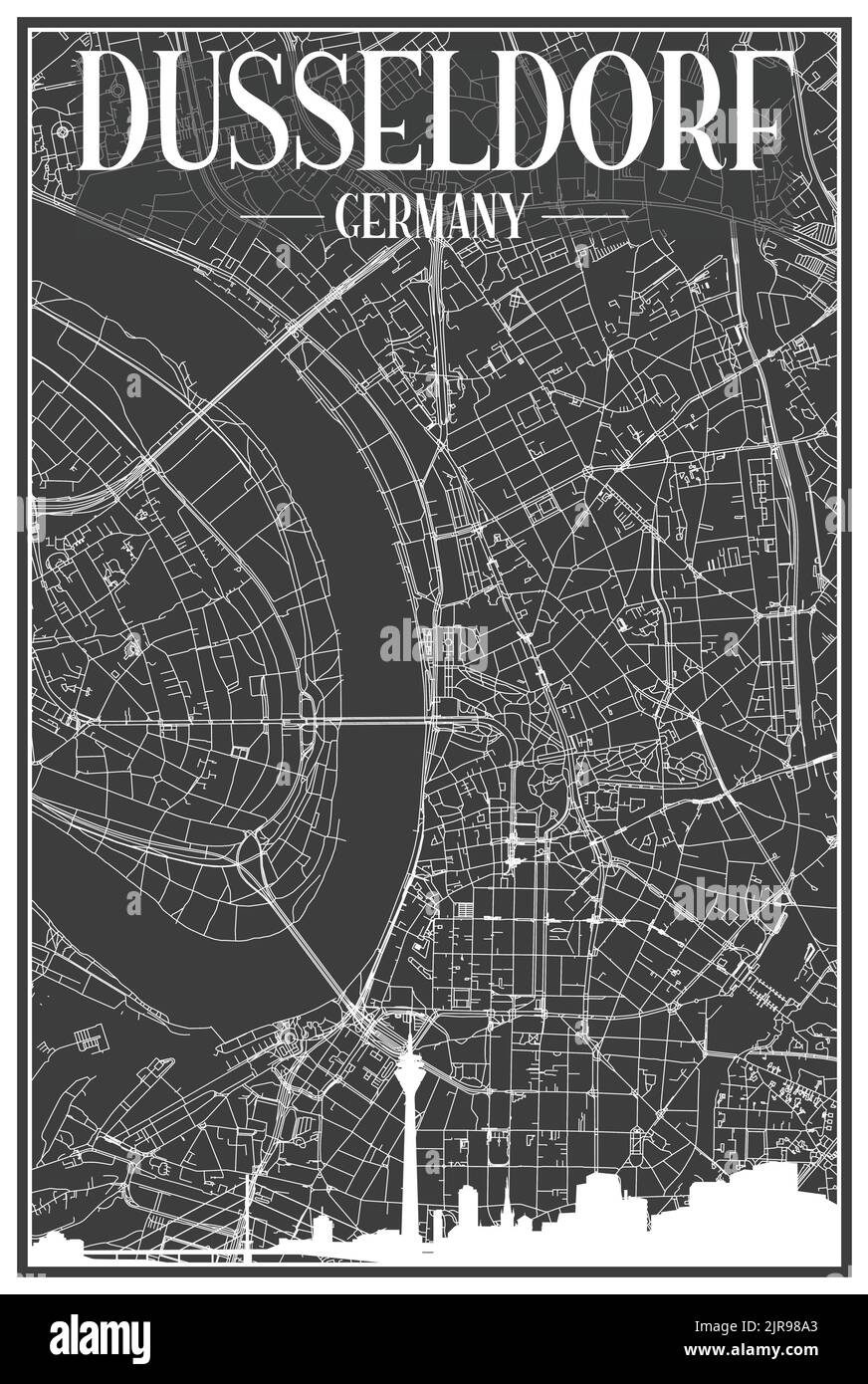 Hand-drawn panoramic city skyline poster with downtown streets network ...