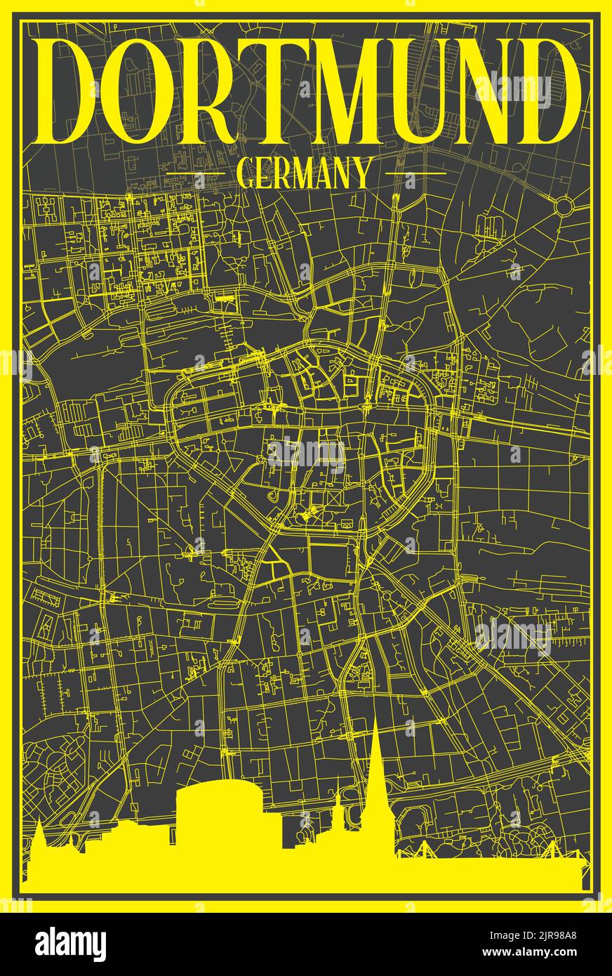 Hand-drawn panoramic city skyline poster with downtown streets network of DORTMUND, GERMANY ...