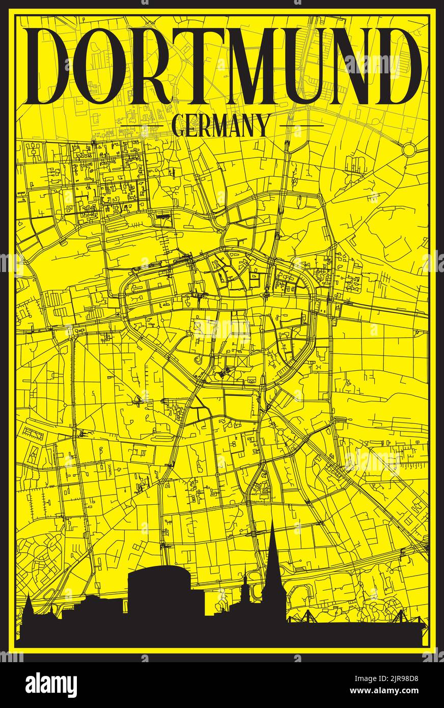 Hand-drawn panoramic city skyline poster with downtown streets network ...