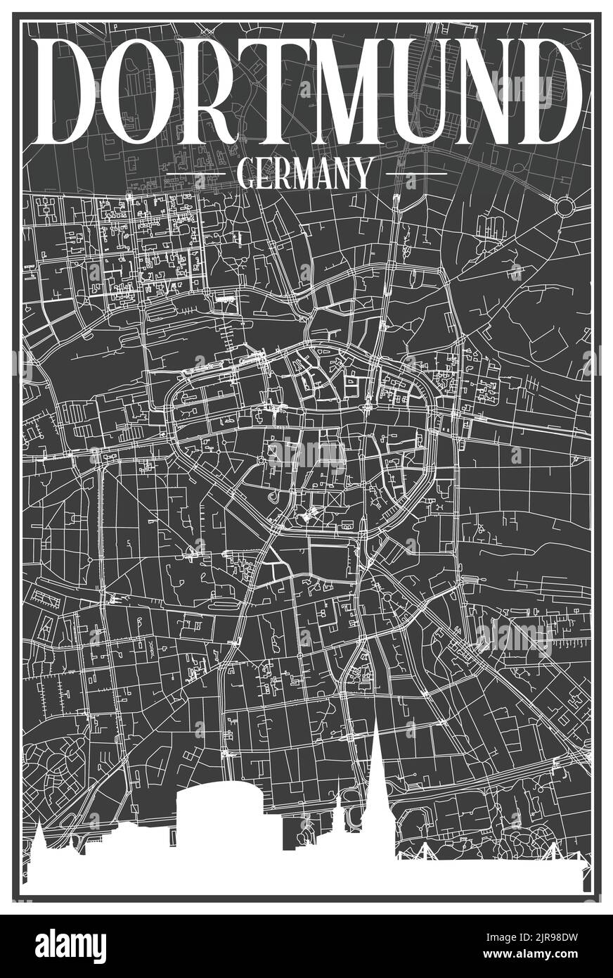 Hand-drawn panoramic city skyline poster with downtown streets network of DORTMUND, GERMANY ...