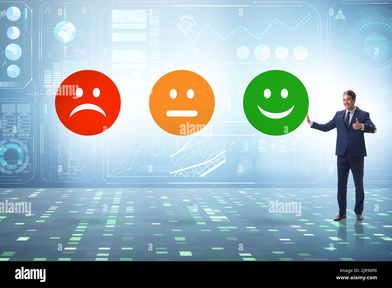 Illustration of customer feedback with the faces and businessman Stock ...