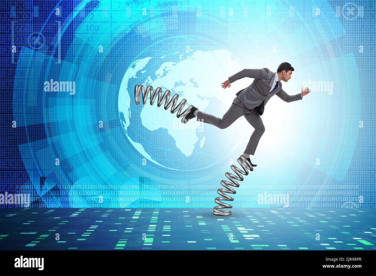 Businessman jumping high on the springs Stock Photo - Alamy