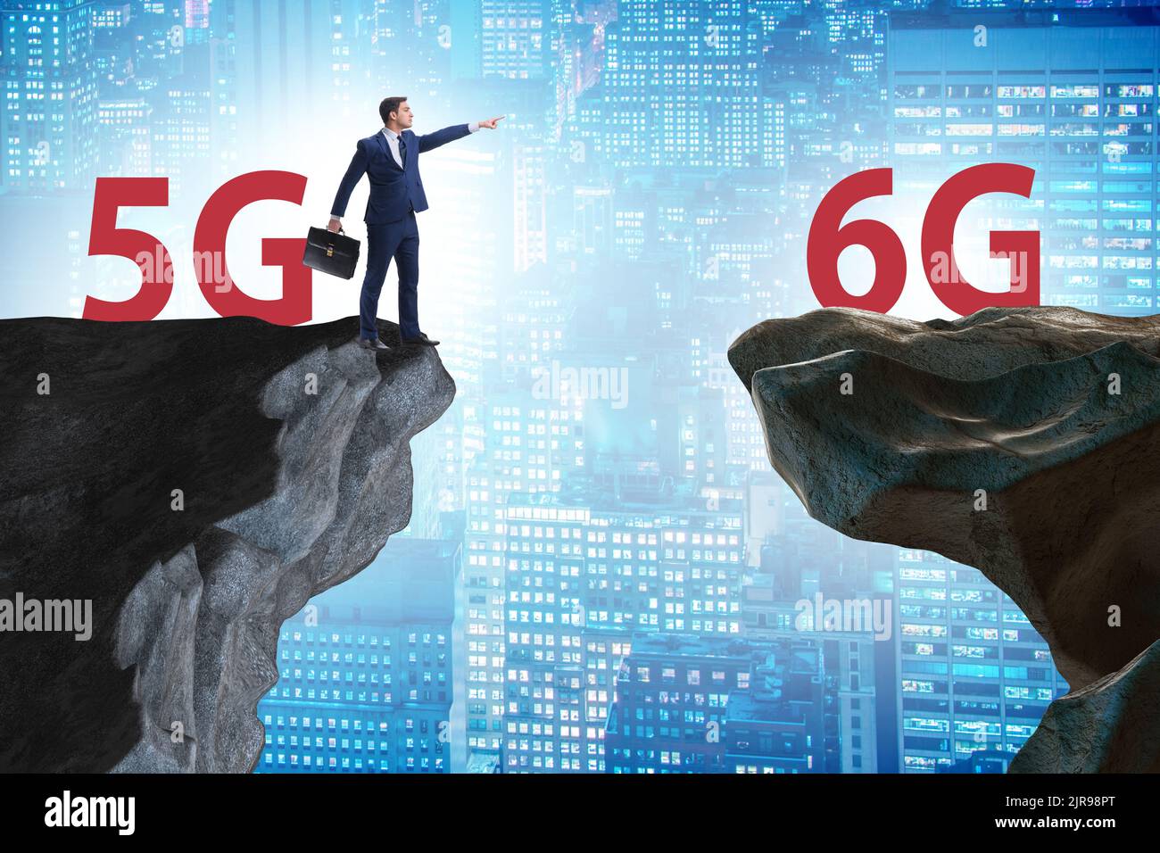 Concept of moving from 5g technology to 6g with jumping people Stock ...