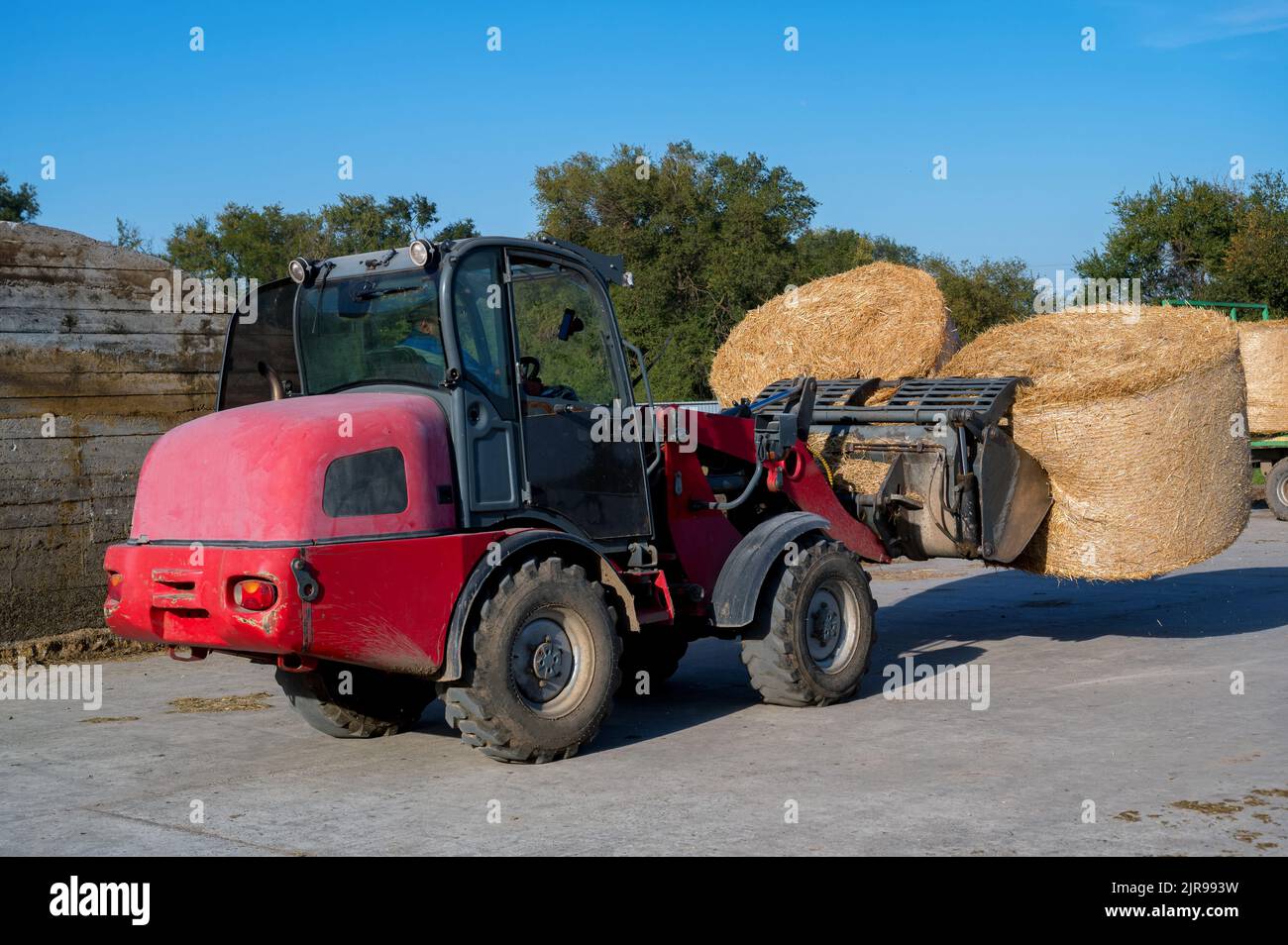 Farmer unloading round bales of straw with a front end loader Storing ...