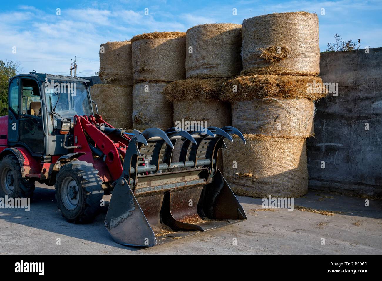 Farmer unloading round bales of straw with a front end loader Storing ...