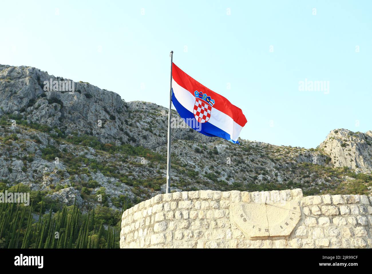 Croatian flag on old medieval fortress Sokol grad, in Konavle area ...
