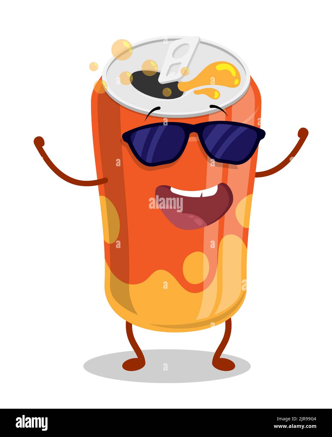 Cheerful character aluminum can with soft drink. Refreshing drinks in ...