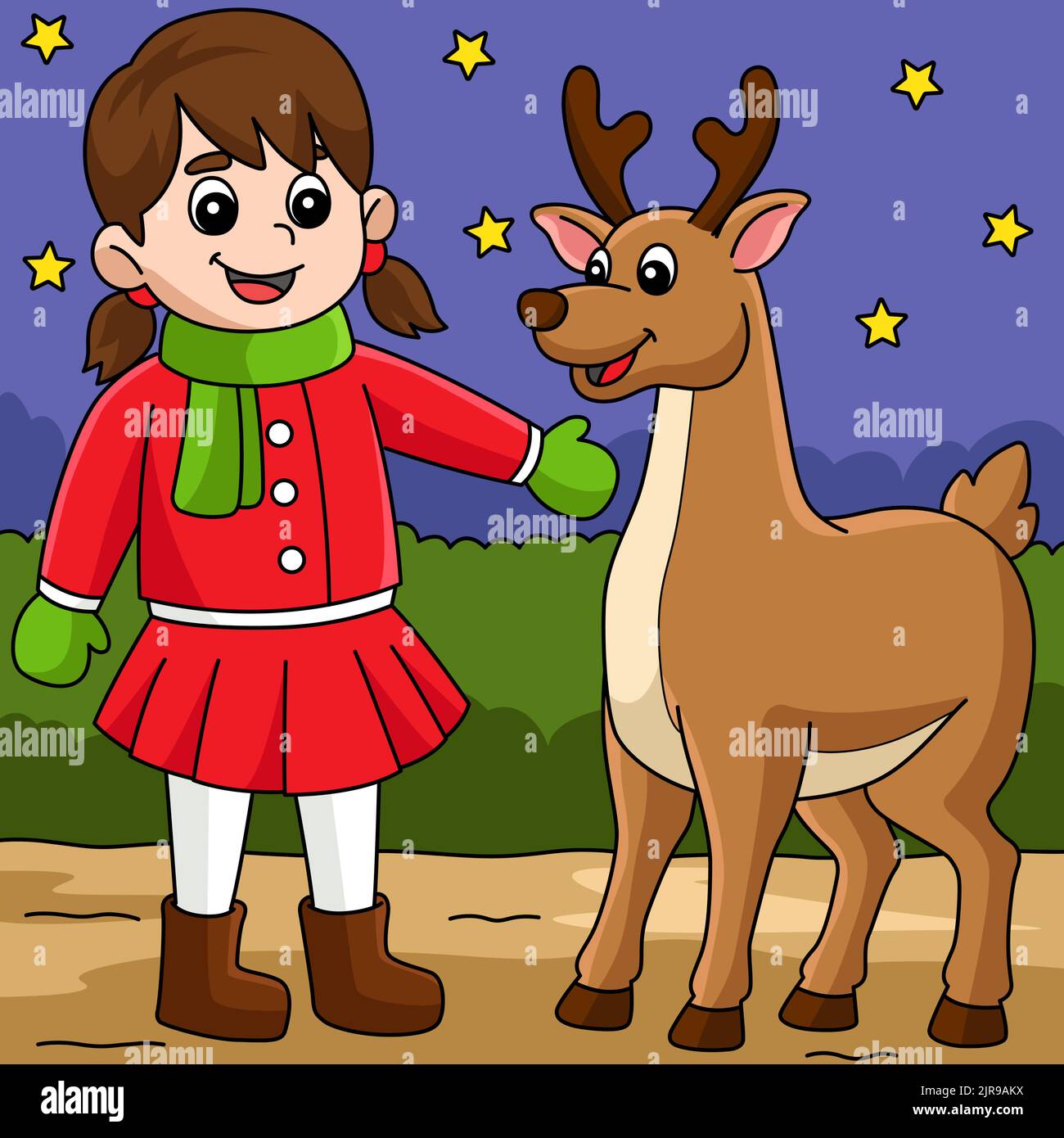 Christmas Girl And Reindeer Colored Cartoon Stock Vector Image & Art ...