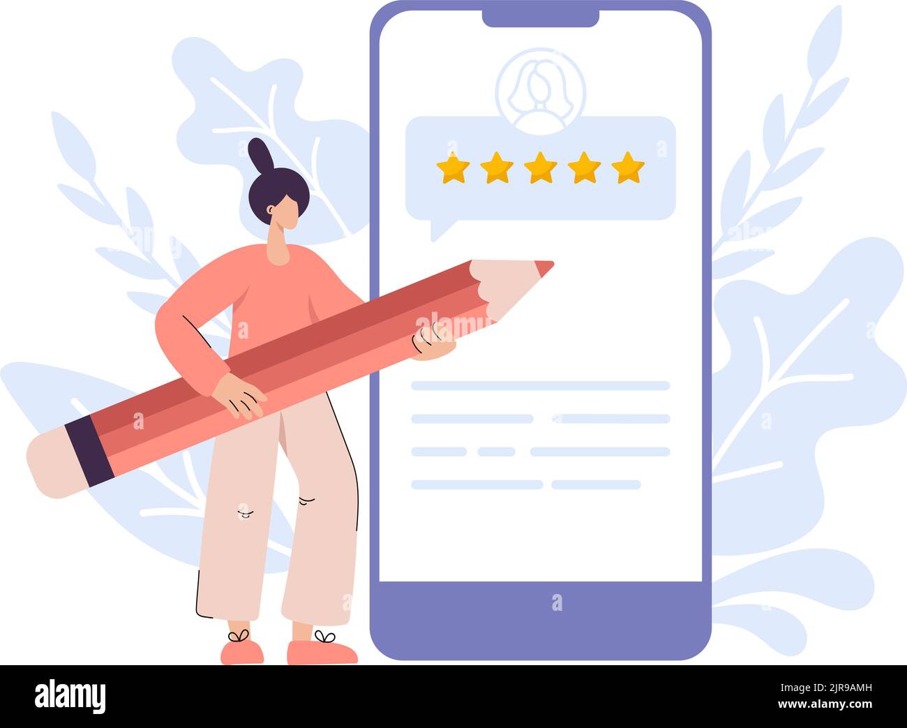 Vector cute flat woman with pencil for drawing 5 stars on phone. Vector ...