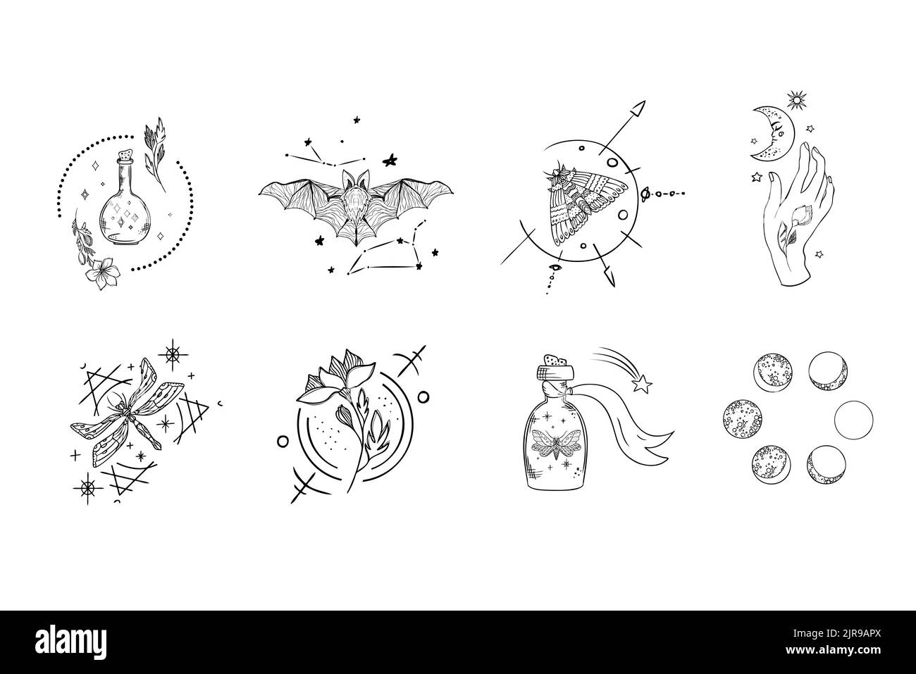 Set of mystical composition vector line art illustration with magic ...