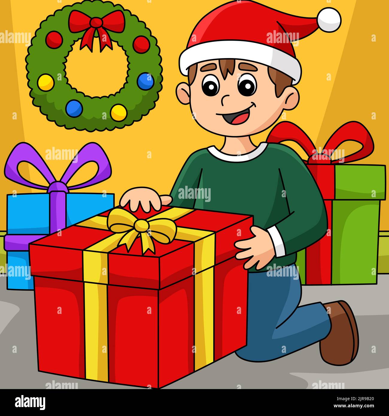 Christmas Boy Opening Gift Colored Cartoon Stock Vector Image & Art - Alamy