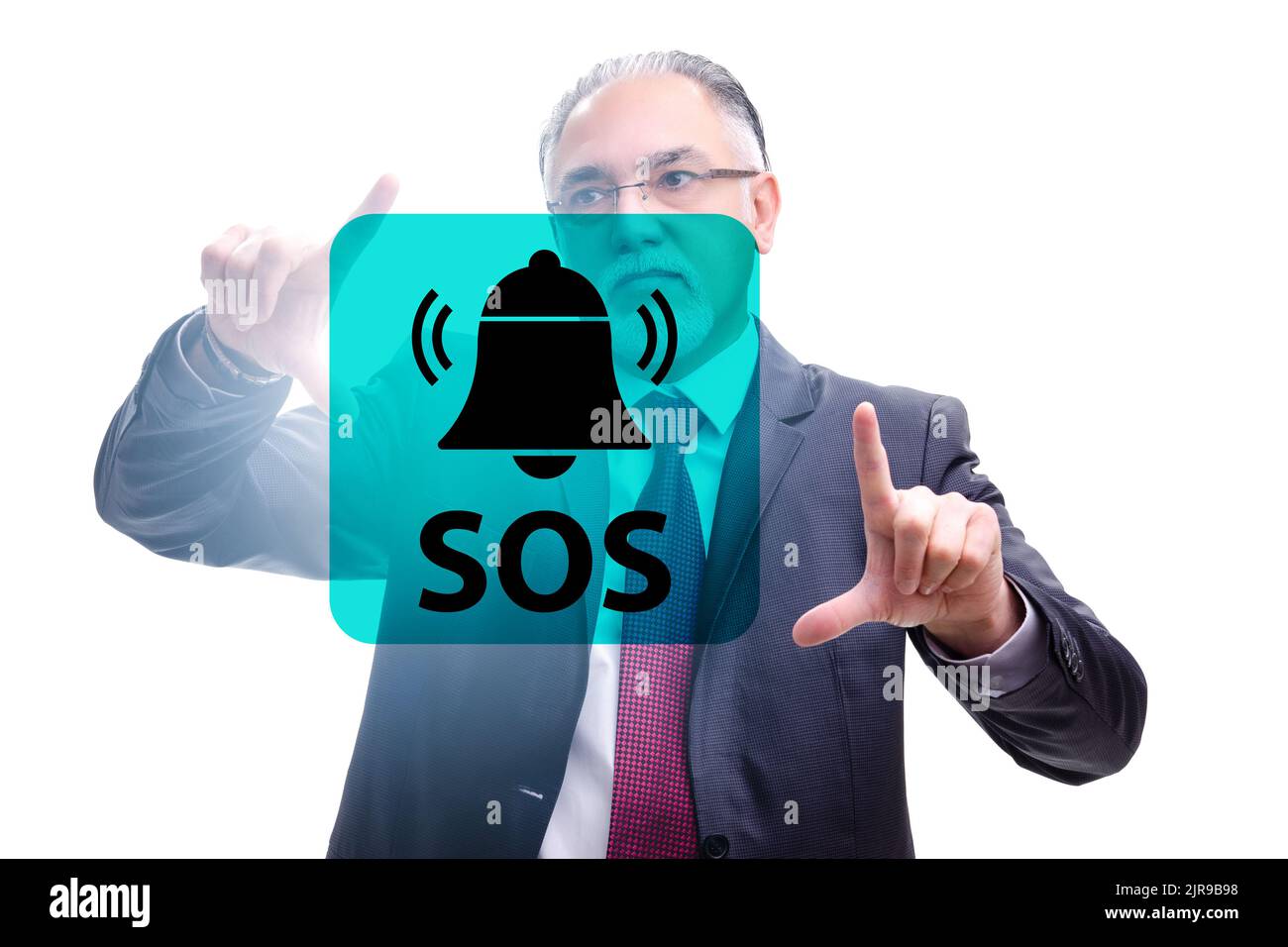 Businessman pressing SOS button in the case of danger Stock Photo - Alamy