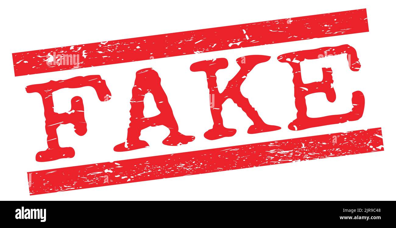 FAKE text written on red grungy lines stamp sign Stock Photo - Alamy