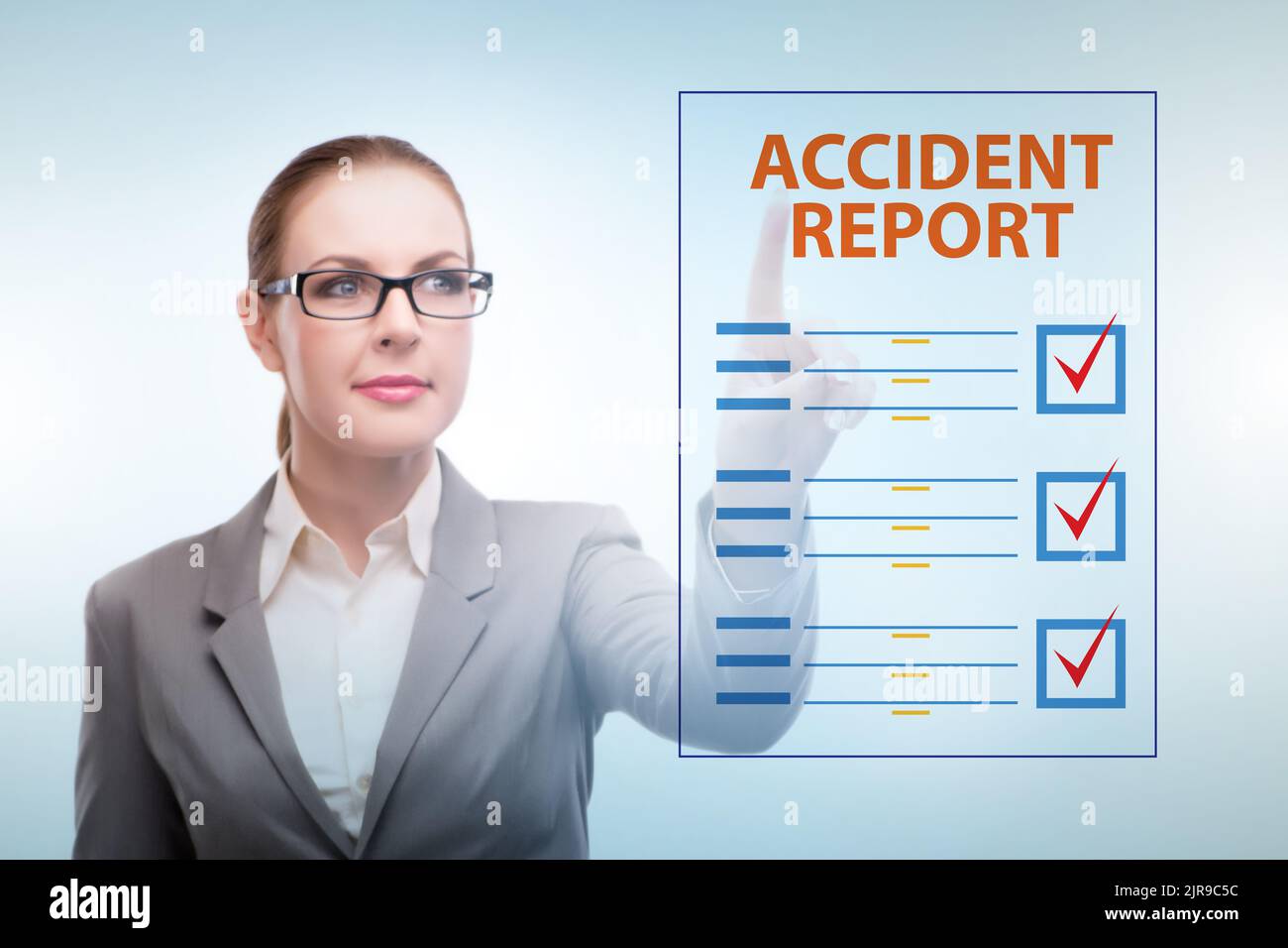 Businesswoman pressing buttons on the virtual accident report Stock ...