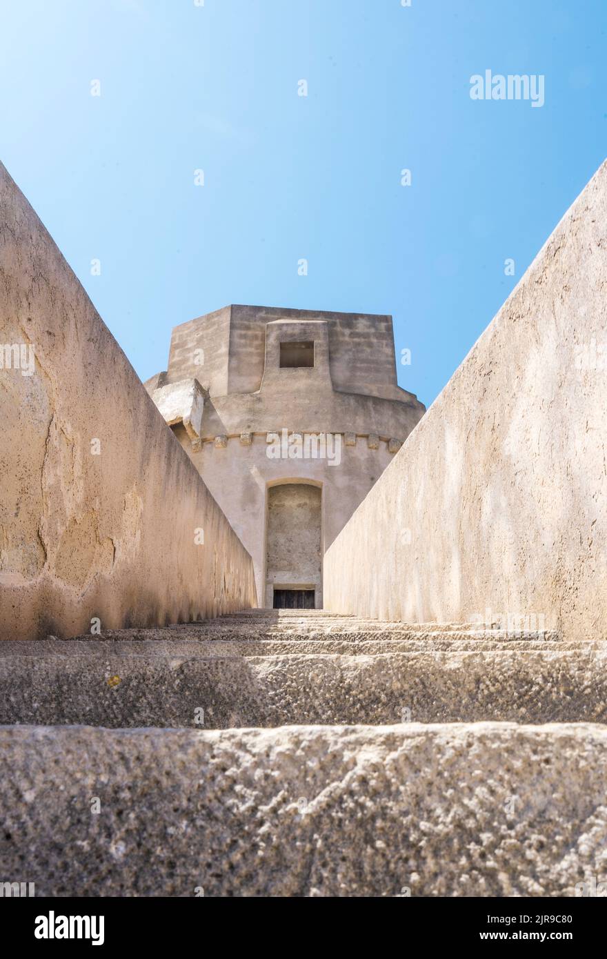 Torre Suda, a coastal defensive tower built in the 16th century, in the ...