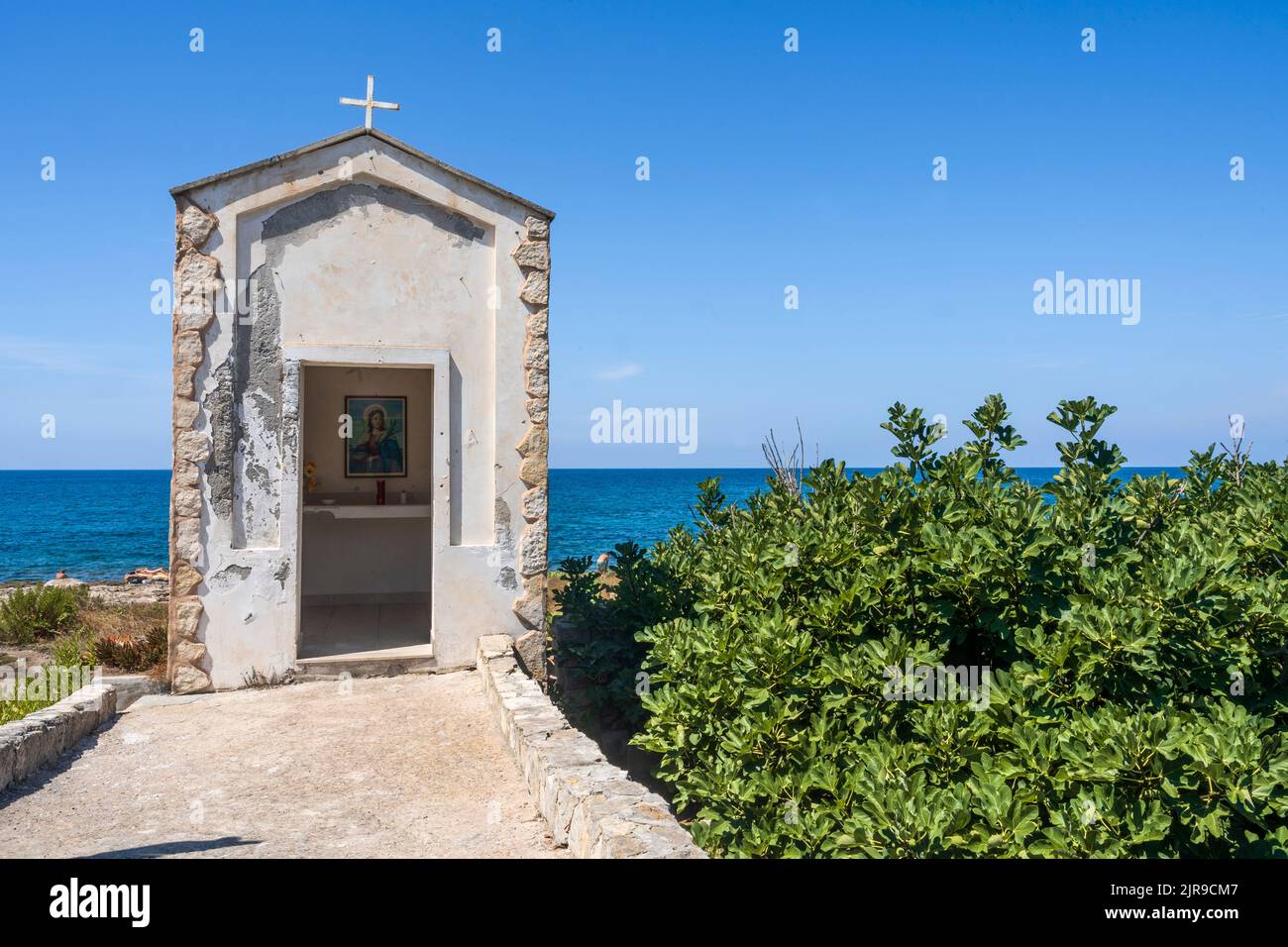 Catholic oratory along the rocky shore with fig trees, in Mancaversa ...
