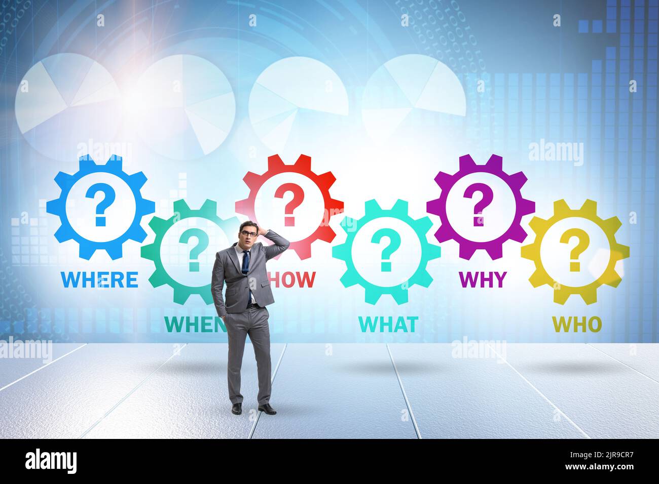 Concept of many questions with the businessman Stock Photo - Alamy