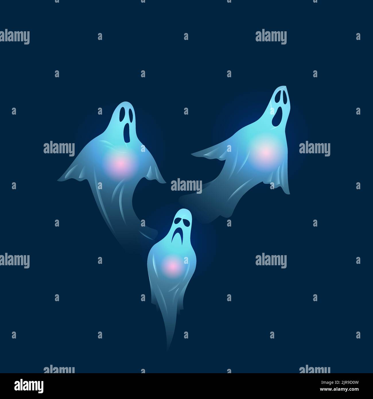 bright cartoon ghosts with hearts are isolated on a dark blue ...