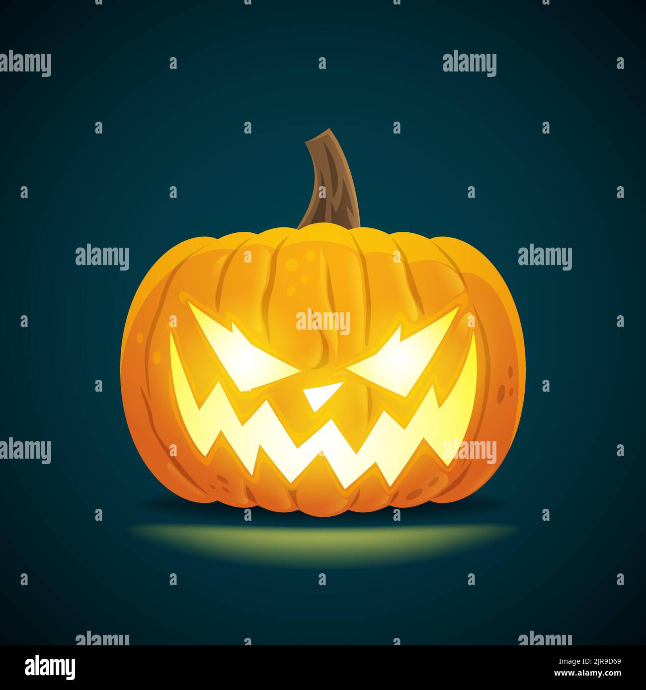Halloween pumpkin with glowing eyes, mouth, and nose is on a dark ...