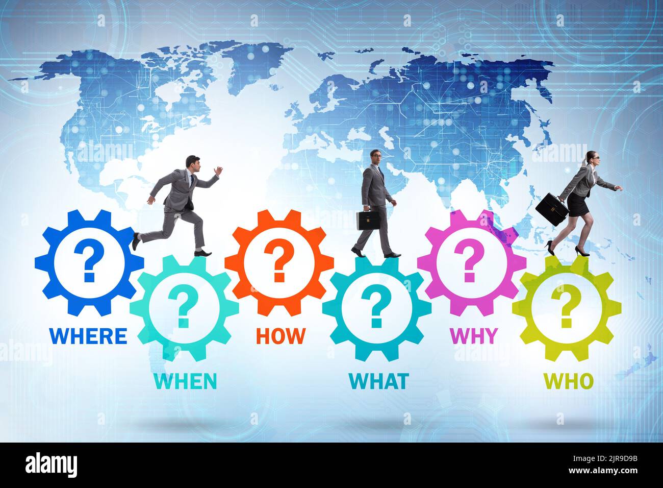 Concept of many questions with the business people Stock Photo - Alamy