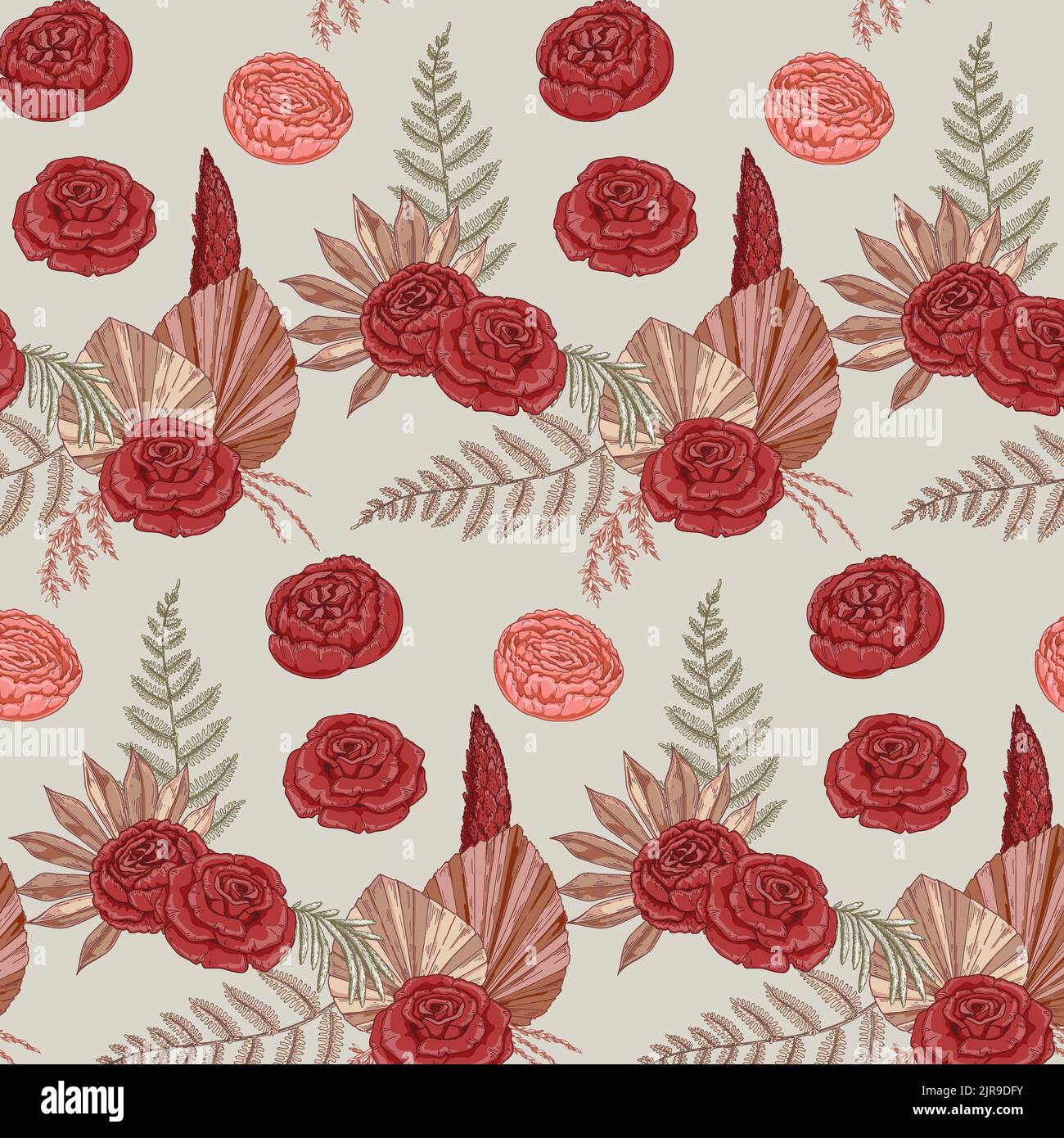 Vintage seamless pattern with roses. Boho wallpaper design. Hand drawn ...