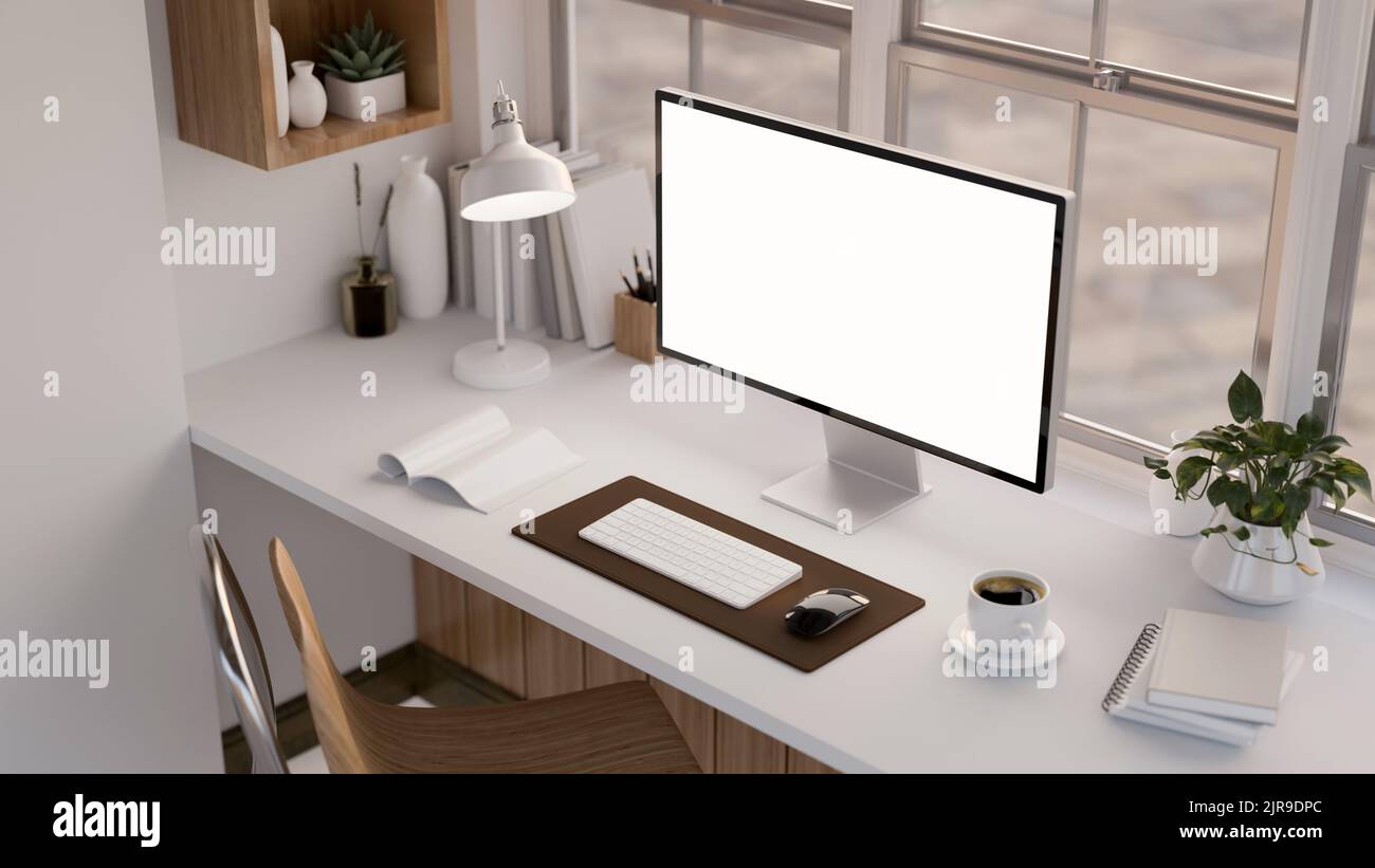 Modern contemporary office desk workspace with white PC desktop ...