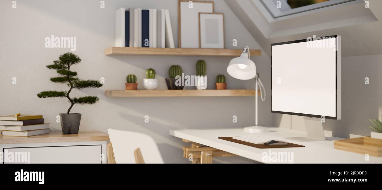 Minimal white office room or workplace interior design with modern PC ...