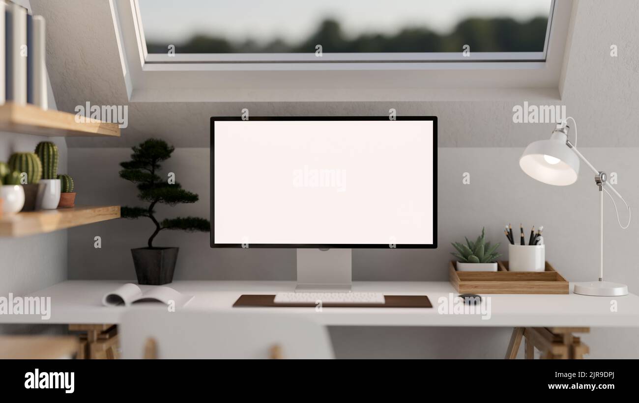 Modern minimal home working space in attic room interior design with ...
