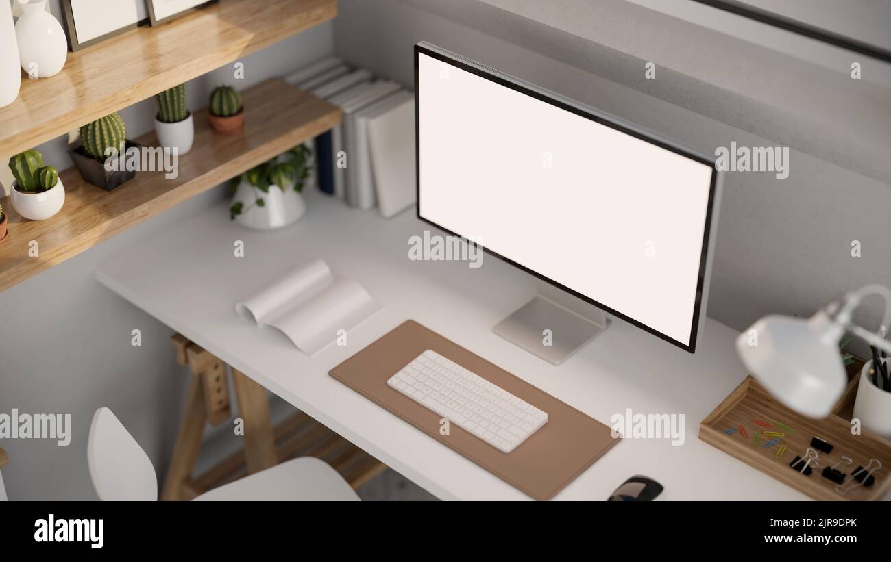 A Modern Office Desk Workspace With White Pc Desktop Computer Mockup Keyboard Office