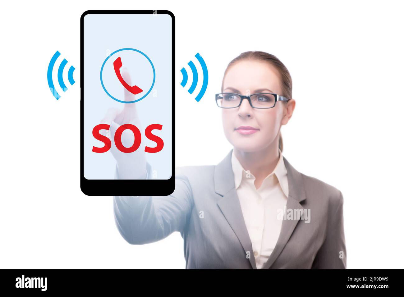 Businesswoman pressing SOS button in the case of danger Stock Photo - Alamy