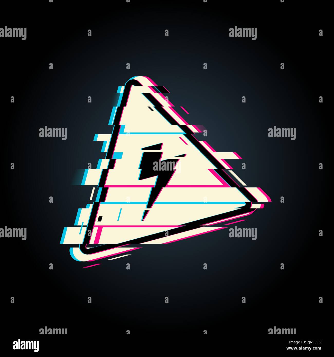 An electrical warning sign with a glitch effect is isolated on a black ...