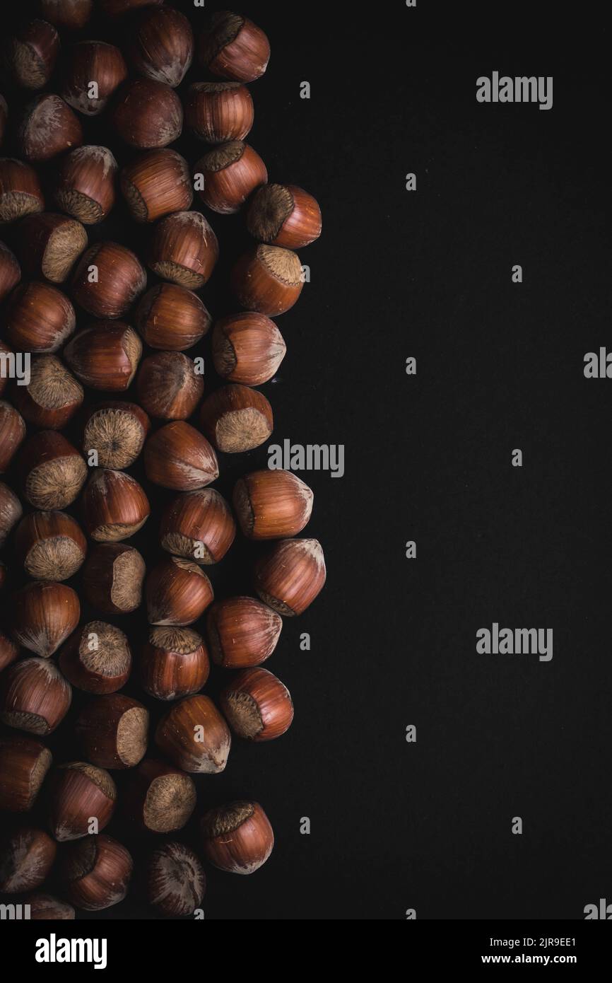 Hazelnuts on black background. Food background, vertical photo ...